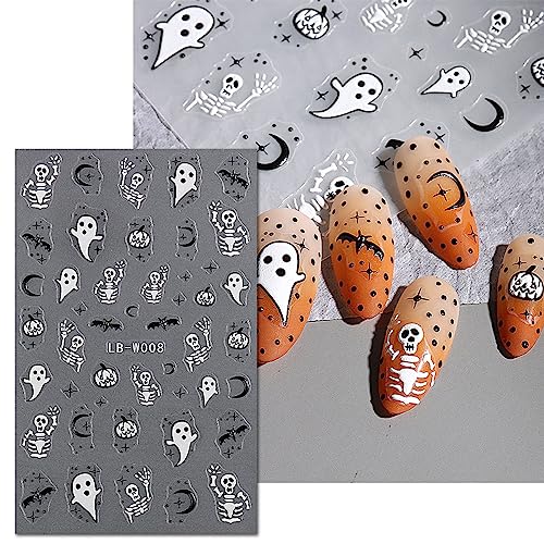 JMEOWIO 8 Sheets Halloween Nail Art Stickers Decals Self-Adhesive Pegatinas Uñas Pink Skull Cute Horror Ghost Spider Web Bat Pumpkin Spook Nail Supplies Nail Art Design Decoration Accessories