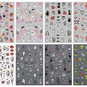 JMEOWIO 8 Sheets Halloween Nail Art Stickers Decals Self-Adhesive Pegatinas Uñas Pink Skull Cute Horror Ghost Spider Web Bat Pumpkin Spook Nail Supplies Nail Art Design Decoration Accessories