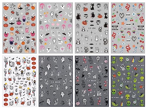 JMEOWIO 8 Sheets Halloween Nail Art Stickers Decals Self-Adhesive Pegatinas Uñas Pink Skull Cute Horror Ghost Spider Web Bat Pumpkin Spook Nail Supplies Nail Art Design Decoration Accessories