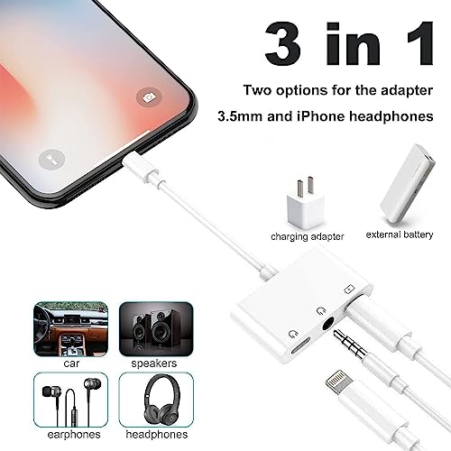 Lightning to Headphone Adapter for iPhone, Apple MFi Certified 3 in 1 Lightning to 3.5mm Headphone Jack and Charger Dongle Earphone Splitter Compatible with iPhone 14 13 12 11 XS XR X 8 7 iPad