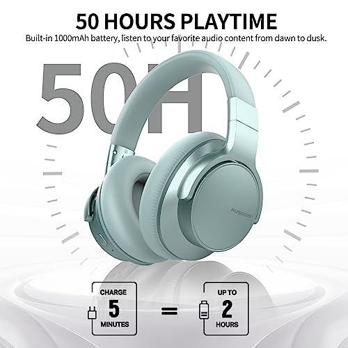 AUSDOM Wireless Noise Cancelling Headphones Bluetooth, E7 Over-Ear ANC Headphones with Microphone, 50Hrs Playtime, Hi-Fi Stereo Sound, USB C Charge, Comfortable Earpads for Travel Work, Mint Green