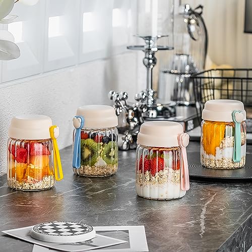 4 Pack Overnight Oats Containers with Lids and 1 Folding Spoons, 13 oz Glass Mason Overnight Oats Jars, Airtight Jars for Overnight Oats Meal Prep Chia Yogurt Salad Fruit with Carrying Cord