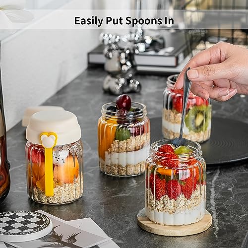 4 Pack Overnight Oats Containers with Lids and 1 Folding Spoons, 13 oz Glass Mason Overnight Oats Jars, Airtight Jars for Overnight Oats Meal Prep Chia Yogurt Salad Fruit with Carrying Cord