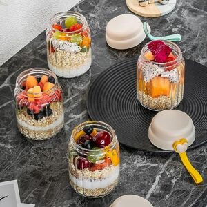 4 Pack Overnight Oats Containers with Lids and 1 Folding Spoons, 13 oz Glass Mason Overnight Oats Jars, Airtight Jars for Overnight Oats Meal Prep Chia Yogurt Salad Fruit with Carrying Cord