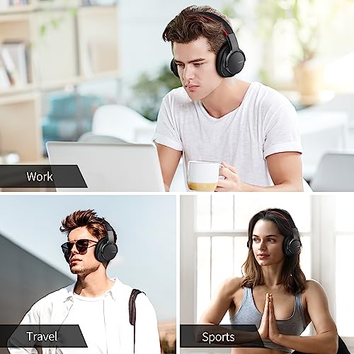 AUSDOM Bluetooth Noise Cancelling Headphones: E7 Wireless Over Ear ANC Headphones with Microphone, 50H Playtime, Hi-Fi Stereo Sound, Comfortable Earpads for Travel Work Adults, Black Red