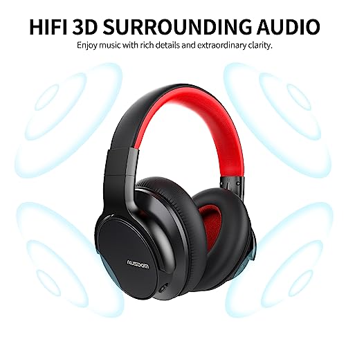 AUSDOM Bluetooth Noise Cancelling Headphones: E7 Wireless Over Ear ANC Headphones with Microphone, 50H Playtime, Hi-Fi Stereo Sound, Comfortable Earpads for Travel Work Adults, Black Red