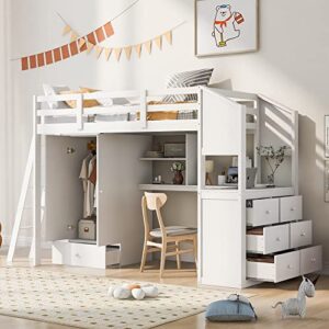 biadnbz twin size loft bed with storage wardrobe and drawers, wood loftbed frame w/desk and shelves for kids/boys/girls/teens bedroom, white