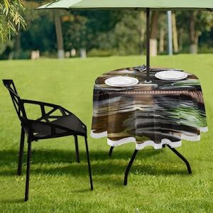 Haskirky Zen Basalt Stones on Wood Round Table Cloth Outdoor Garden 60Inch, Zippered Umbrella Lace Edge, Backyard Camping Barbecue Restaurant