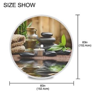 Haskirky Zen Basalt Stones on Wood Round Table Cloth Outdoor Garden 60Inch, Zippered Umbrella Lace Edge, Backyard Camping Barbecue Restaurant