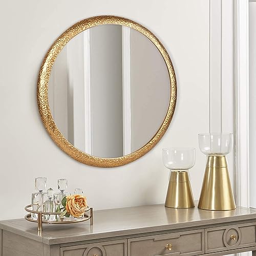 Varsoul 30 * 30in Antique Gold Decorative Metal Framed Round Wall Mirror，Decorative Accent Wall Mirrors Modern for Living Room, Entryway, Foyer, Hallway, Bedroom