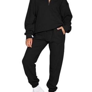 Aleumdr Womens 2 Piece Sweatsuit Sets 2023 Fall Trendy Half Zip Pullover Long Sleeve Sweatshirt Jogger Pants Outfits with Pockets Black Large