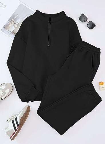 Aleumdr Womens 2 Piece Sweatsuit Sets 2023 Fall Trendy Half Zip Pullover Long Sleeve Sweatshirt Jogger Pants Outfits with Pockets Black Large