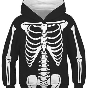 ALUWU Boys Girls Hoodies Kids 3D Print Pullover Sweatshirts With Pocket Cool Funny Long Sleeve Hooded Cute Graphic Comfy Halloween SkeletonHoody for Teens Size 11-12T