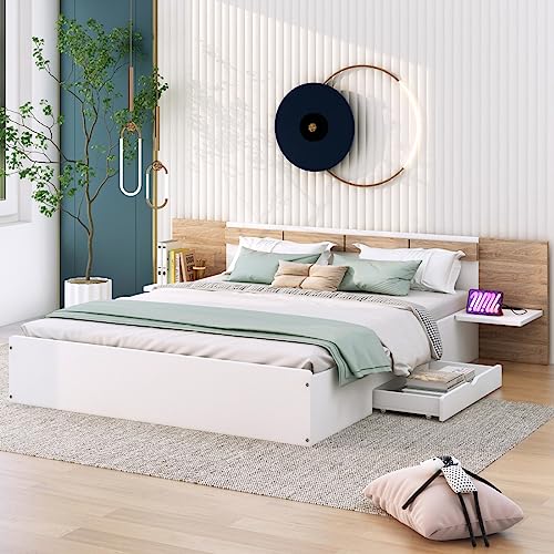 DaiNNCN Platform Bed Frame Queen Size with Storage Drawers,Headboard with Shelves and USB Ports and Sockets,White