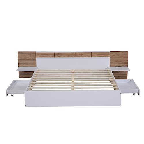 DaiNNCN Platform Bed Frame Queen Size with Storage Drawers,Headboard with Shelves and USB Ports and Sockets,White