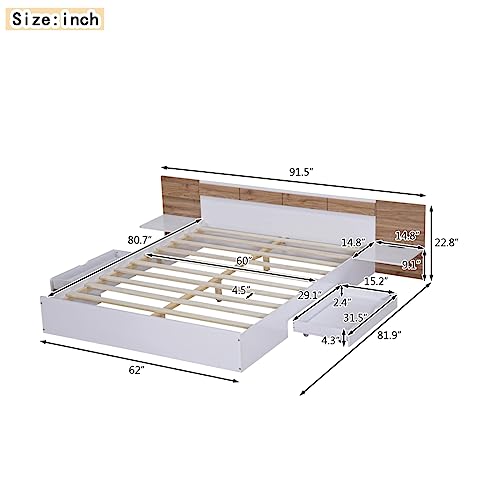 DaiNNCN Platform Bed Frame Queen Size with Storage Drawers,Headboard with Shelves and USB Ports and Sockets,White