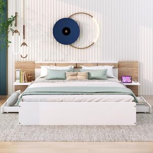 DaiNNCN Platform Bed Frame Queen Size with Storage Drawers,Headboard with Shelves and USB Ports and Sockets,White