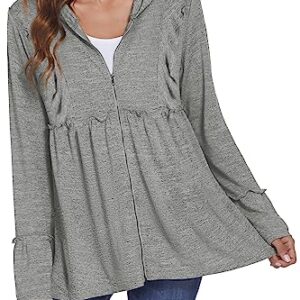 DEESHA Full Zip Up Hoodie for Women Pleated Tiered Ruffle Hooded Sweatshirts Jacket Coat Long Sleeve Black(Grey, 3X-Large)