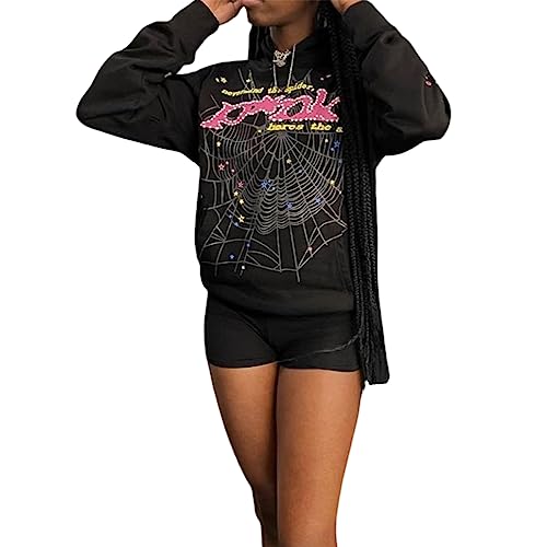 Sunwittafy Y2k Hoodie Men Women Spider Hoodie Pink Retro Oversized Loose Sweatshirts Hip Hop Trendy Jacket 2023