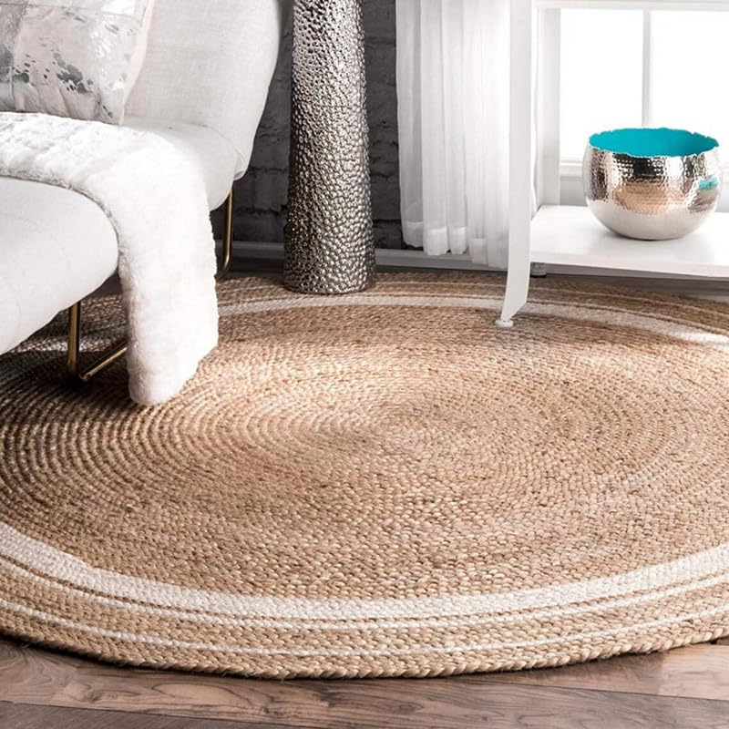 Manvi Exports 4x4, 5x5, 6x6,Feet Natural Jute Scallop Round Rug, Floor Scalloped Edge Rug Braided Boho Eco Large Circular Handmade Area Rugs