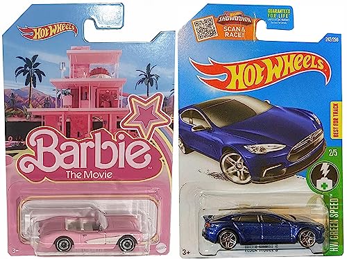 Hot Wheels 1956 Corvette 2023 Barbie The Movie Bundled with Tesla S 1:64 Scale Collectible Die Cast Metal Toy Car Models