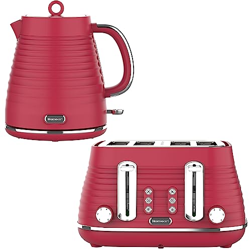 Homeart Riva Electric Kettle With Removable Limescale Filter and 4-Slice Retro Toaster Stainless Steel With Removable Crumb Tray Combo, Red