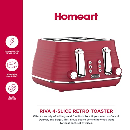 Homeart Riva Electric Kettle With Removable Limescale Filter and 4-Slice Retro Toaster Stainless Steel With Removable Crumb Tray Combo, Red