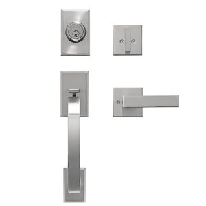 Natsukage Front Door Handle Front Door Lock Set Entrance Handle Set with Lock Satin Nickel Heavy-Duty Entry Door Lock Set with Deadbolt and Lever Handle Reversible for Right & Left Handed Contemporary