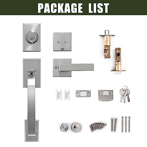 Natsukage Front Door Handle Front Door Lock Set Entrance Handle Set with Lock Satin Nickel Heavy-Duty Entry Door Lock Set with Deadbolt and Lever Handle Reversible for Right & Left Handed Contemporary