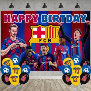 barcelona birthday party decoration,soccer party photo background 5 x 3 ft and 18 pcs balloon,football merch party backdrop supplies