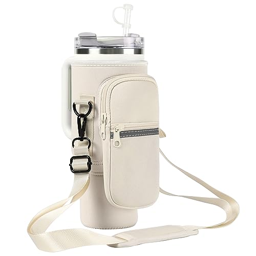 Water Bottle Holder with Strap for Stanley 40oz Tumbler with Handle, Water Bottle Carrier Bag with Phone Pocket, Tumbler Accessories for Stanley, Water Bottle Sleeve for Walking Hiking Camping(Cream)