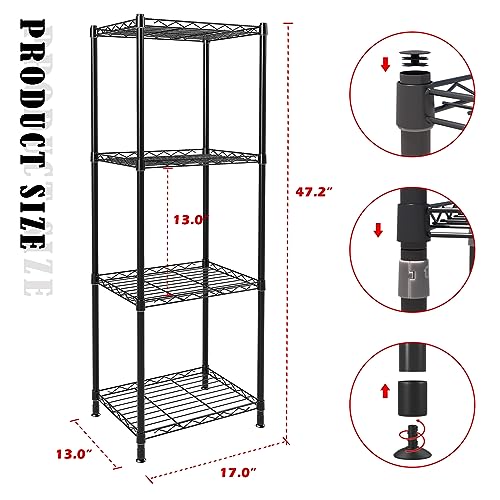 YisanCrafts 4 Tier Fixed Layer Spacing Storage Shelf Metal Storage Rack Wire Shelving Unit Storage Shelves Metal 528Lbs Capacity 17" L x 13" W x 47" H for Pantry Closet Kitchen Laundry Black