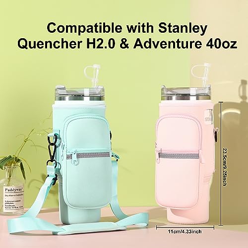 Water Bottle Holder with Strap for Stanley 40oz Tumbler with Handle, Water Bottle Carrier Bag with Phone Pocket, Tumbler Accessories for Stanley, Water Bottle Sleeve for Walking Hiking Camping(Pink)