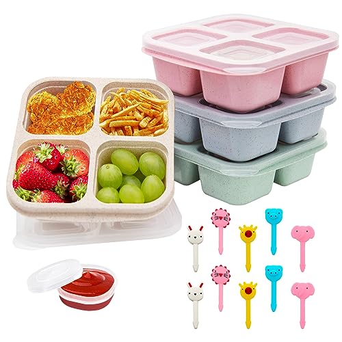 Luriseminger 4 Pack Bento Lunch Box，4 Compartment Snack Containers，Divided Bento Snack Box，Meal Prep Containers Kids/Toddle/Adults,Food Storage Containers for School, Work and Travel