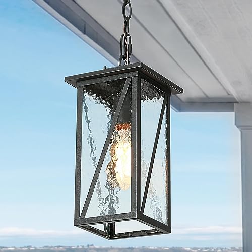 Outdoor Pendant Light Fixture, Farmhouse Exterior Hanging Lights with Water Ripple Glass, Black Ceiling Outdoor Rectangle Hanging Lantern Light for Front Door, Entry, Porch, and Gazebo