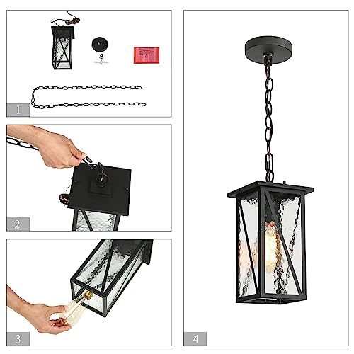 Outdoor Pendant Light Fixture, Farmhouse Exterior Hanging Lights with Water Ripple Glass, Black Ceiling Outdoor Rectangle Hanging Lantern Light for Front Door, Entry, Porch, and Gazebo