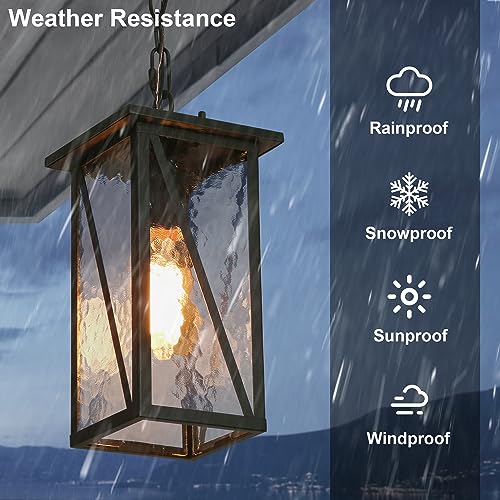 Outdoor Pendant Light Fixture, Farmhouse Exterior Hanging Lights with Water Ripple Glass, Black Ceiling Outdoor Rectangle Hanging Lantern Light for Front Door, Entry, Porch, and Gazebo