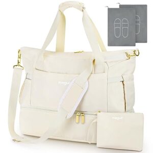 travel duffle bag for women, weekender bag, gym bag with wet pocket and shoe compartment for overnight, air travel carry on (beige)