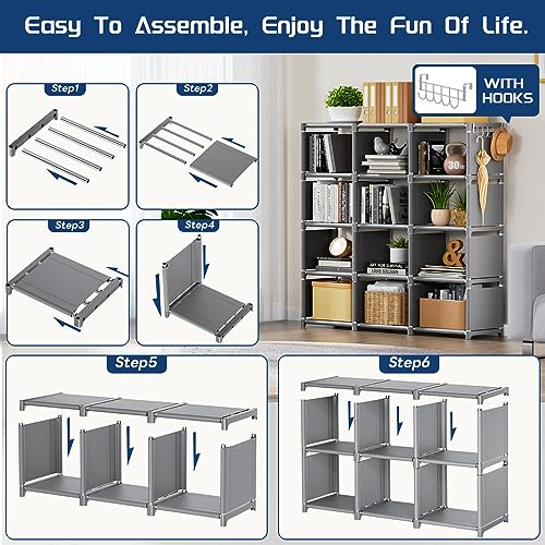 Mavivegue Book Shelf, 12 Cube Storage Organizer, DIY Bookcase, Metal Cube Bookshelf,Tall Book case for Bedroom, Living Room,Office,Closet Storage Organizer, Grey Cubicle Storage Rack