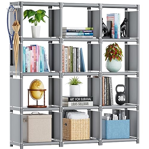 Mavivegue Book Shelf, 12 Cube Storage Organizer, DIY Bookcase, Metal Cube Bookshelf,Tall Book case for Bedroom, Living Room,Office,Closet Storage Organizer, Grey Cubicle Storage Rack