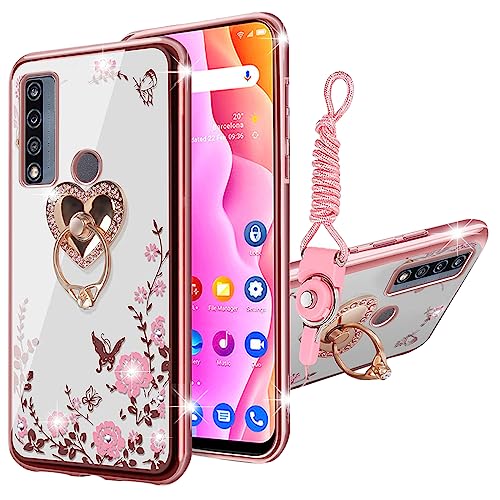 KuDiNi for TCL 4X 5G (T601DL) Case, Alcatel TCL 20A 5G (T768S) Case for Women Glitter Crystal Soft Bling Butterfly Heart Floral Clear Protective Cover with Kickstand+Strap for TCL 4X 5G (Rose Gold)