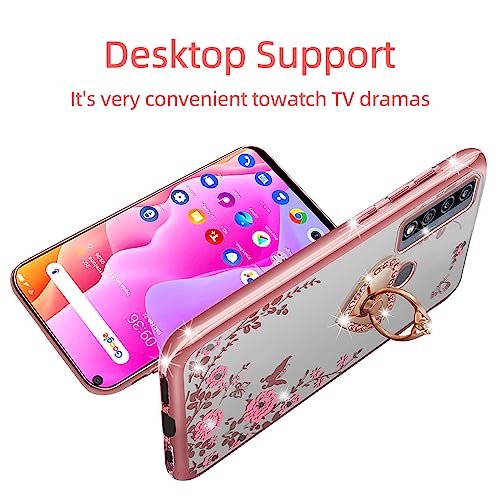 KuDiNi for TCL 4X 5G (T601DL) Case, Alcatel TCL 20A 5G (T768S) Case for Women Glitter Crystal Soft Bling Butterfly Heart Floral Clear Protective Cover with Kickstand+Strap for TCL 4X 5G (Rose Gold)