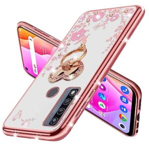 KuDiNi for TCL 4X 5G (T601DL) Case, Alcatel TCL 20A 5G (T768S) Case for Women Glitter Crystal Soft Bling Butterfly Heart Floral Clear Protective Cover with Kickstand+Strap for TCL 4X 5G (Rose Gold)