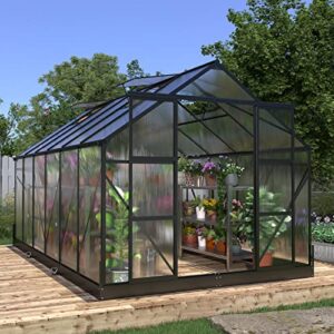 amerlife 8x14x7.5 ft polycarbonate greenhouse 2 sliding doors 4 vent window walk-in premium greenhouse storage shed sunroom aluminum large sun house for outdoor garden backyard, matte black