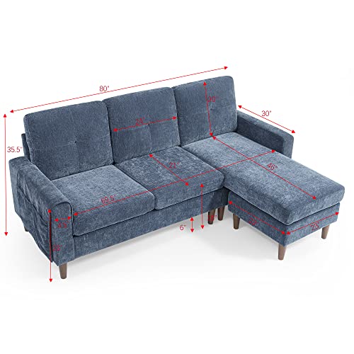 Lepfun 80” Convertible Sectional Sofa Couch, Practical 3 Seats L-Shape Sofa with Removable Cushions and Pocket, Rubber Wood Legs, Suitable for Apartment,Living Room and Office,Navy Chenille