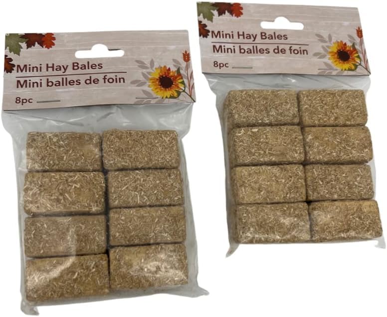 Mini Hay Bales Decoration (16-ct) Small Decorative Hay for Crafts/Dollhouse/Toy/Farm/Stables/Halloween/Table/Decor/Decoration/Decorative Accents/Fall/Harvest - 2 x 1 Inches (2 pk)