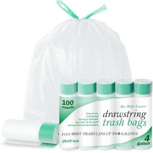 bay ridge laguna 4 gallon/100pcs small trash bags - drawstring small garbage bags - kitchen trash bags - bathroom trash bags - plastic trash bags with handles - waste basket liner - 19x19” (white)