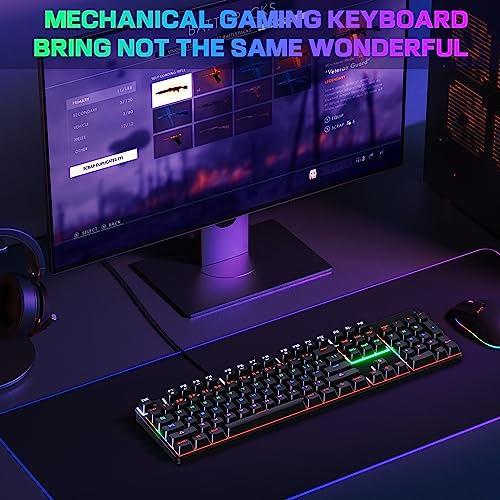 FAMOMI Mechanical Gaming Keyboard, 104 Keys LED Backlit Mechanical Feel Anti-ghosting Wired Full Size Keyboard with Blue Switch for Windows Laptop PC Mac (Black)