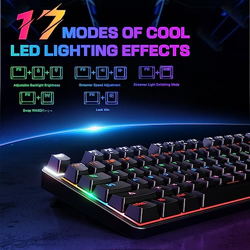 FAMOMI Mechanical Gaming Keyboard, 104 Keys LED Backlit Mechanical Feel Anti-ghosting Wired Full Size Keyboard with Blue Switch for Windows Laptop PC Mac (Black)