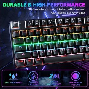 FAMOMI Mechanical Gaming Keyboard, 104 Keys LED Backlit Mechanical Feel Anti-ghosting Wired Full Size Keyboard with Blue Switch for Windows Laptop PC Mac (Black)